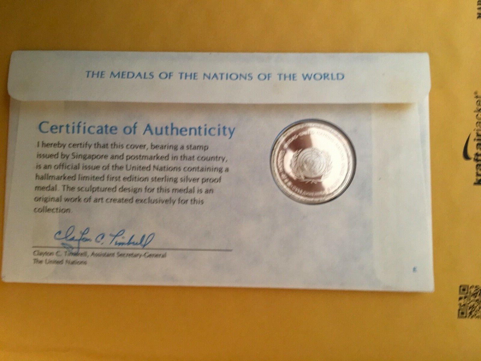 Rare United Nations Proof Sterling Medal & Stamp. Postmark Singapore ...