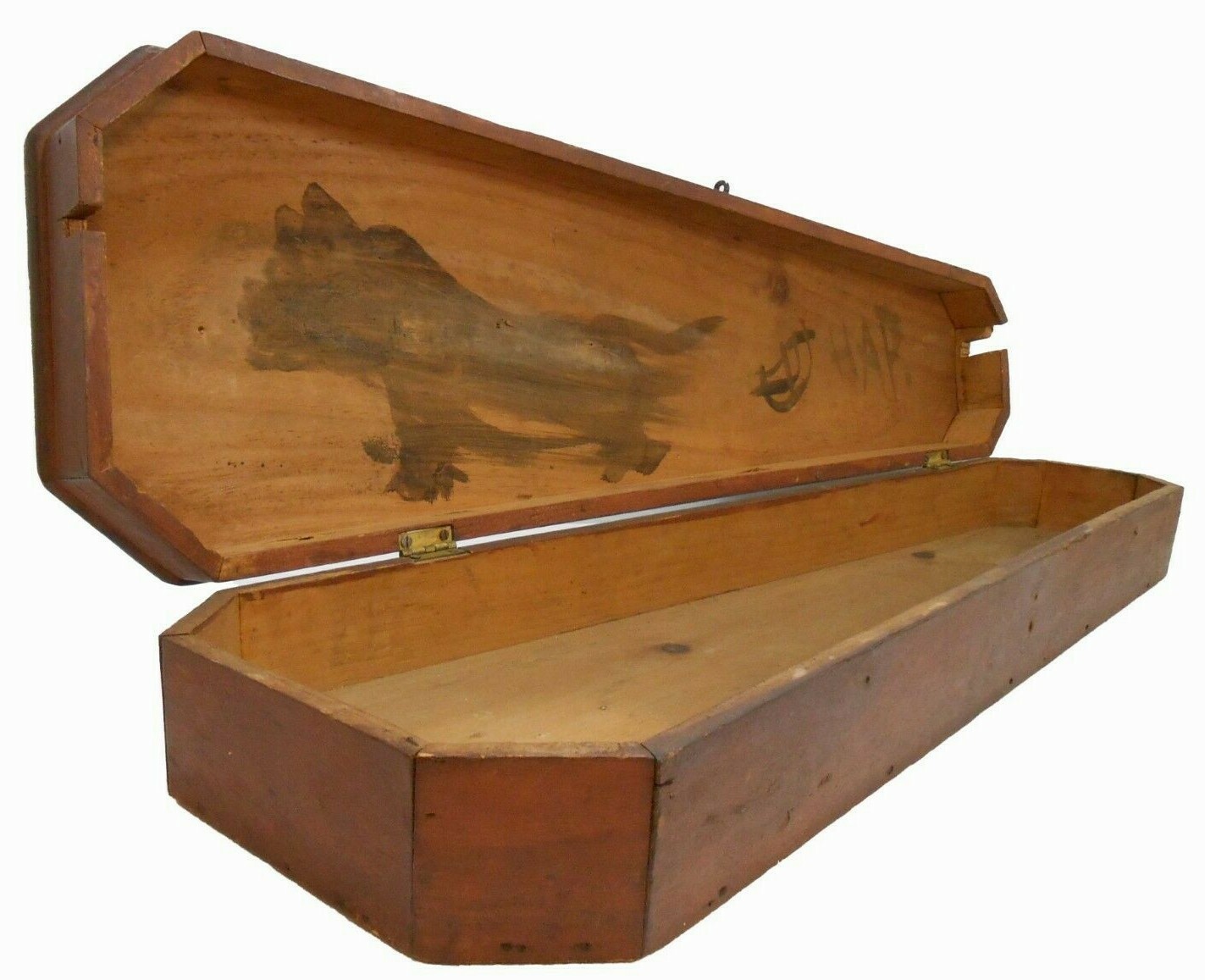 RARE EARLY-MID 19TH C ANTIQUE RED PNTD WOOD VIOLIN COFFIN CASE, INK DOG ...