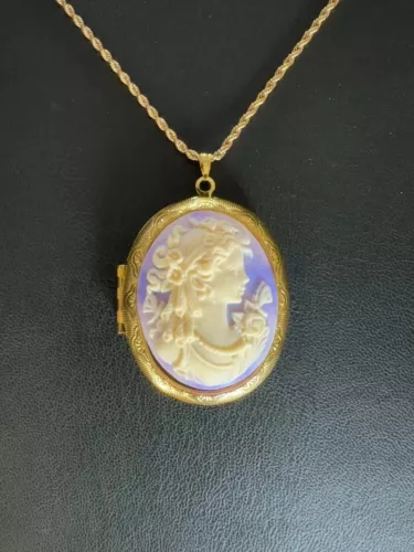 Purple Portrait Cameo Locket Pendant Gold plated Oval Locket Photo ...