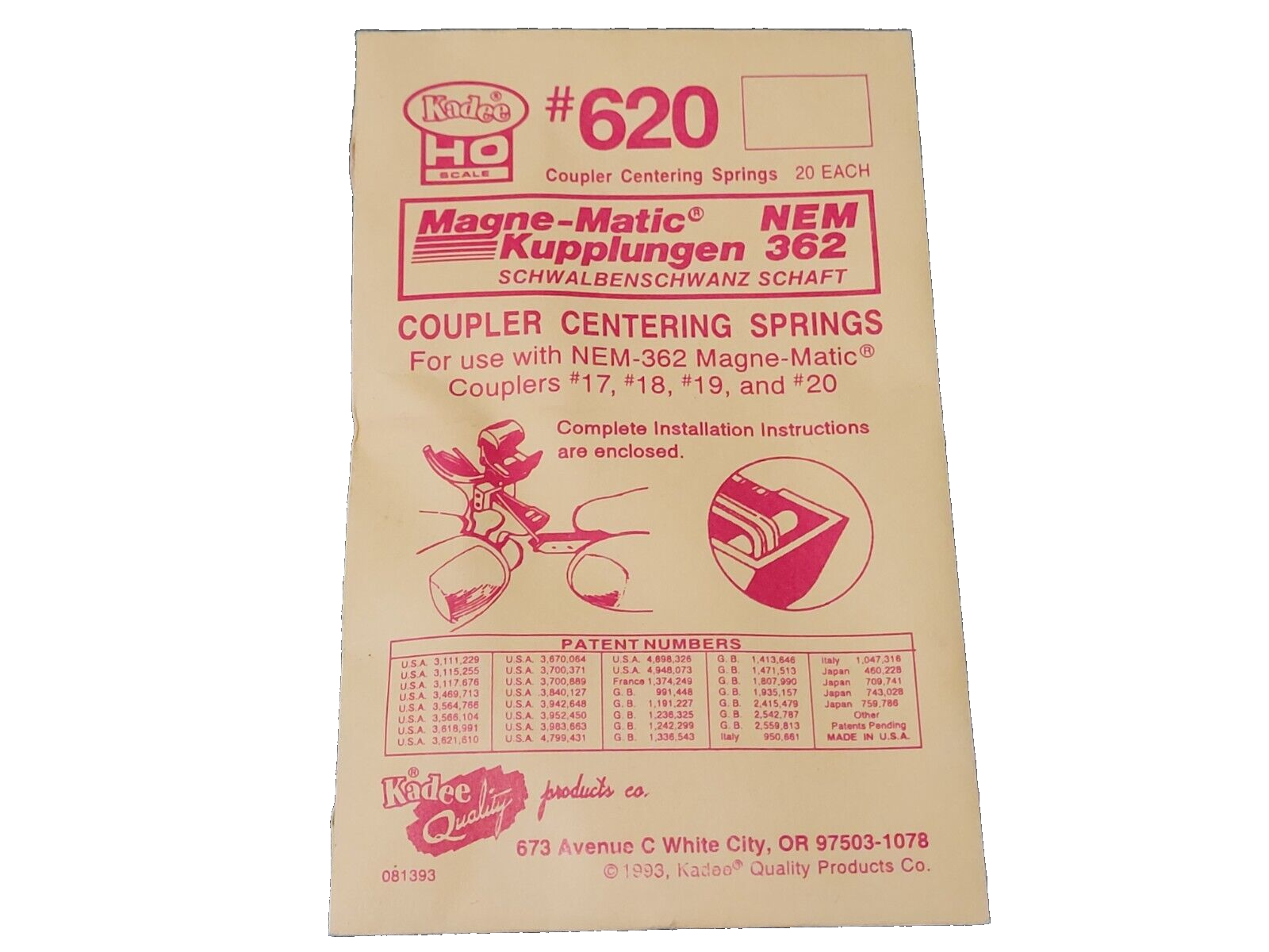 Kadee 620 Coupler Centering Springs (20) for NEM-362 Couplers - HO ...