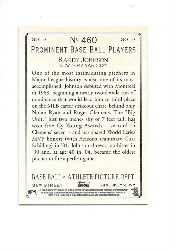 2006 Topps Turkey Red, Gold Randy Johnson Yankees #460 Baseball Cards ...