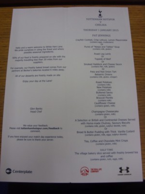 01/01/2015 Tottenham Hotspur v Chelsea - Official A4 Menu For The Pat ...
