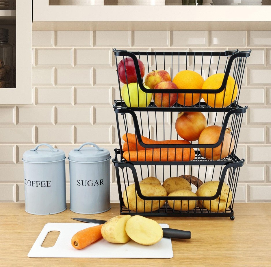 Metal Wire Vegetable Fruit Storage Basket Kitchen Stackable Rack with ...