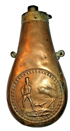 Antique COPPER POWDER or SHOT FLASK with HUNTING SCENE, MAN, HIS DOG ...