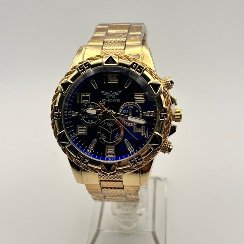 ZHOWE Gold Tone Blue Dial Stainless Steel 46mm Men’s Watch Working New ...