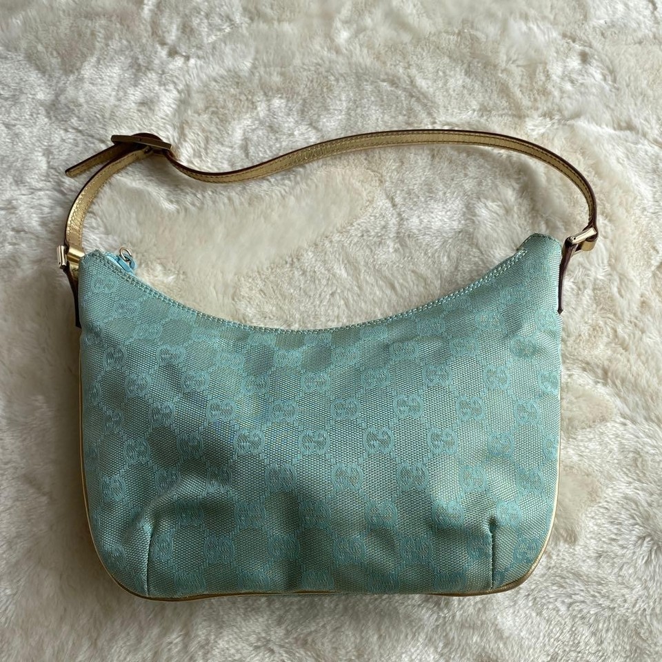 GUCCI Leather Handbag Gold Light Blue Compact Vintage Authentic Bag ...