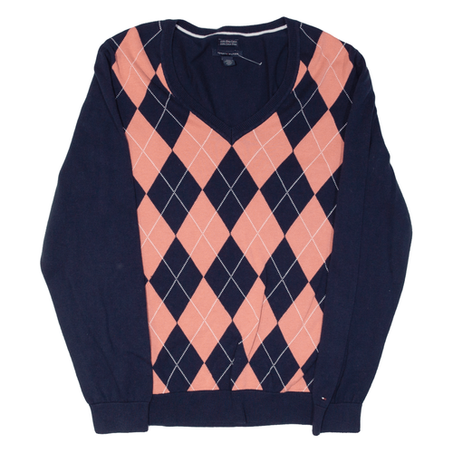 TOMMY HILFIGER Womens Patterned Jumper Blue Argyle V-Neck Tight Knit XL ...
