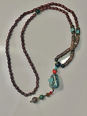 Tibetan Boho Wooden Necklace with Turquoise and Wood Beads | eBay