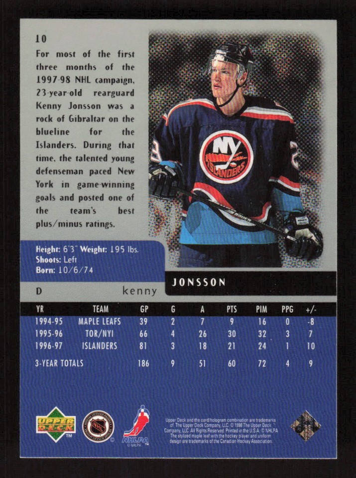 1997 Upper Deck Black Diamond #10 Kenny Jonsson New York Islanders | eBay