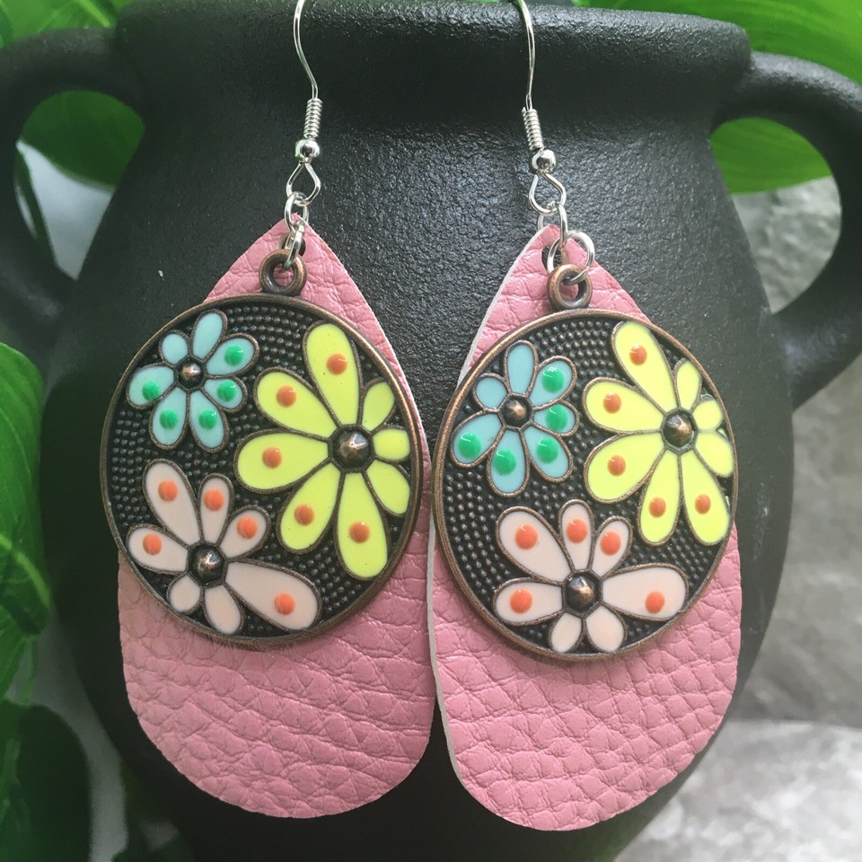 3” Silver-tone Charm & Leather Earring Set Drop Dangle New Free Ship ...