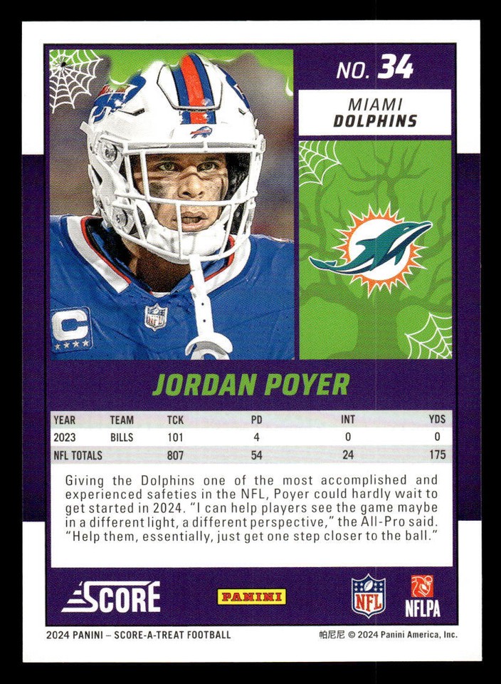 2024 Score-A-Treat #34 Jordan Poyer A-Treat - Green Bats Card Miami ...