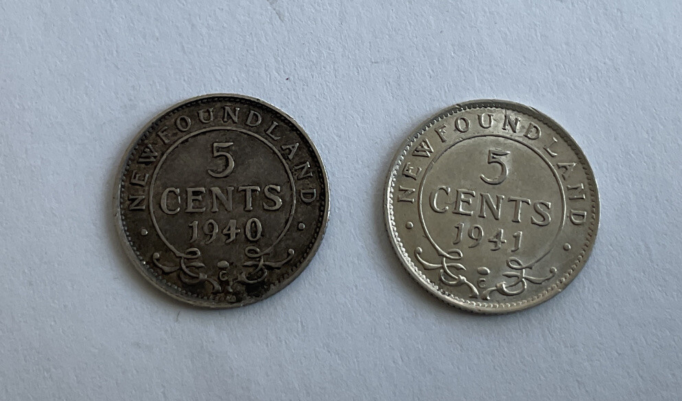 2 COINS NEWFOUNDLAND SILVER FIVE CENT LOT - 1940c & 1941c XF - AU .925 ...