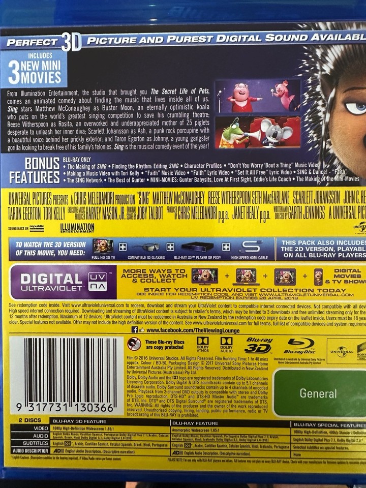 SING (2016) - 3D & 2D BLURAY AS NEW! | eBay UK