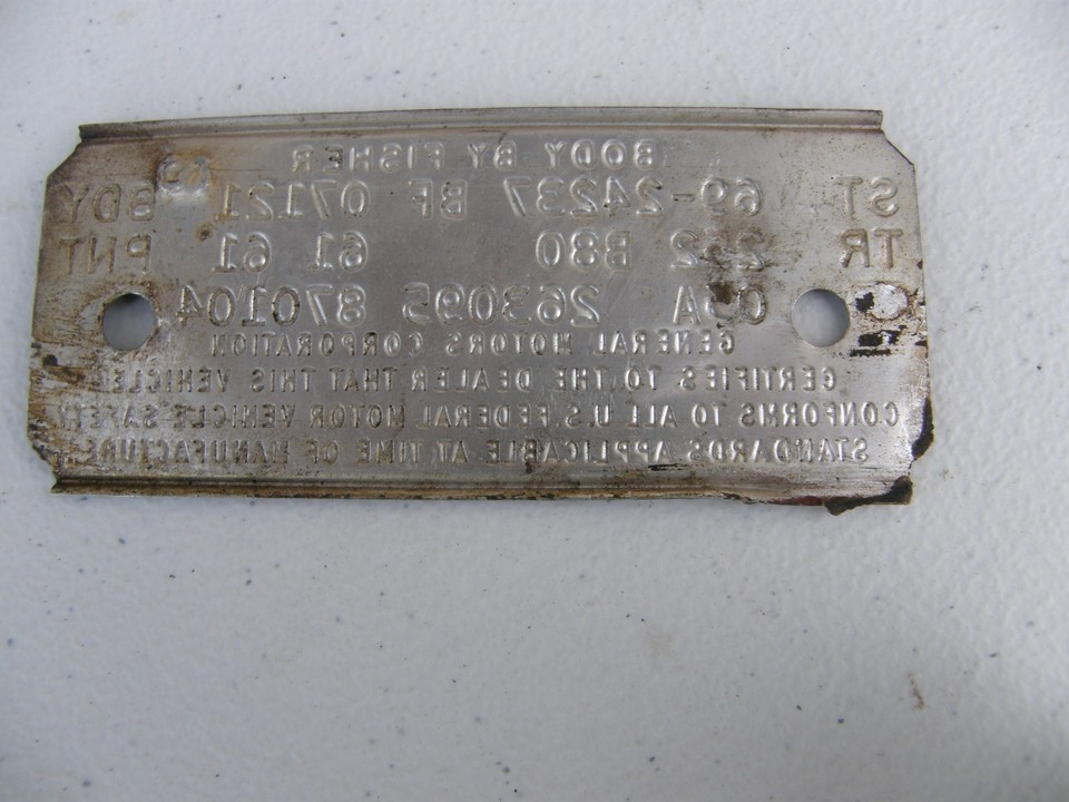 1969 Pontiac GTO Body by Fisher Cowl Tag Plate Original Expresso Brown ...