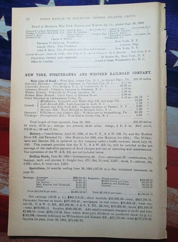~1895 Antique Train Report NEW YORK SUSQUEHANNA & WESTERN RAILROAD ...
