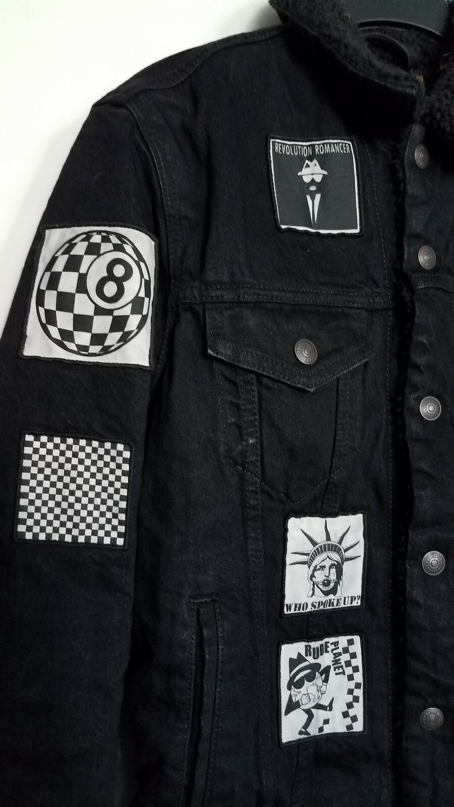 LEVIS Premium Big E Sherpa Trucker Rare Patch Battle Jacket Denim Black ...