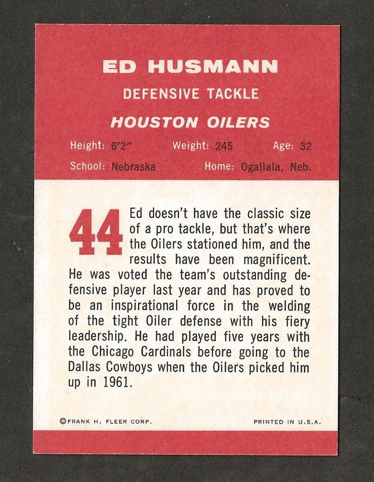 1963 Fleer #44 ED HUSMANN Houston Oilers CREASE FREE | eBay