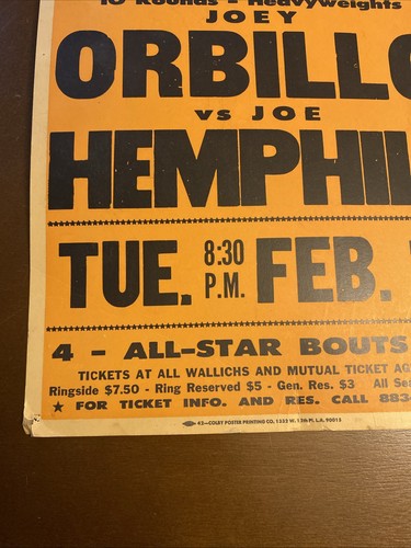 Vintage 1969 Boxing Cardboard Poster LA Joey Orbillo Vs Joe Hemphill | eBay