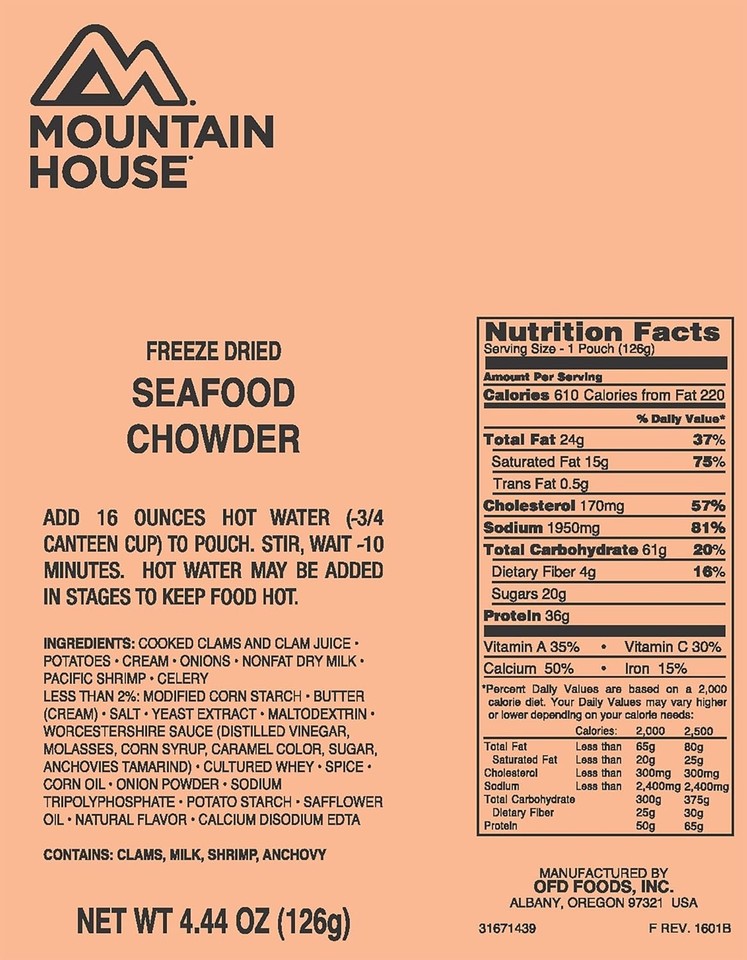 Mountain House MCW Seafood Chowder LRP Long Range Patrol Freeze Dried ...
