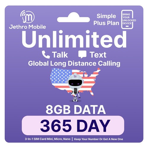 $13.34/mo Jethro Mobile SIM Card 1 Year 8GB Highspeed Data Unlimited ...