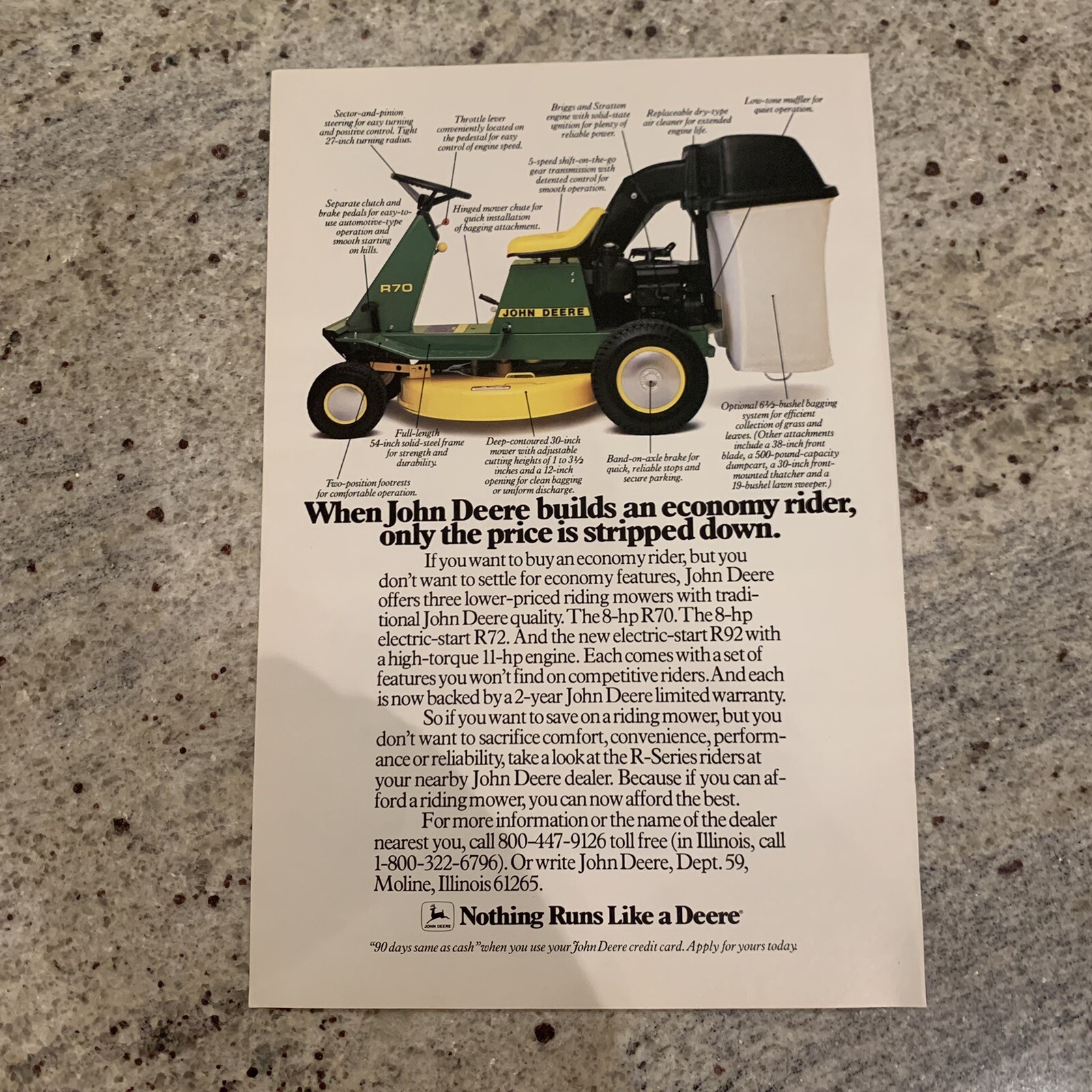 1985 John Deere R70 Rider Riding Lawn Mower Print Ad Nothing Runs Like ...