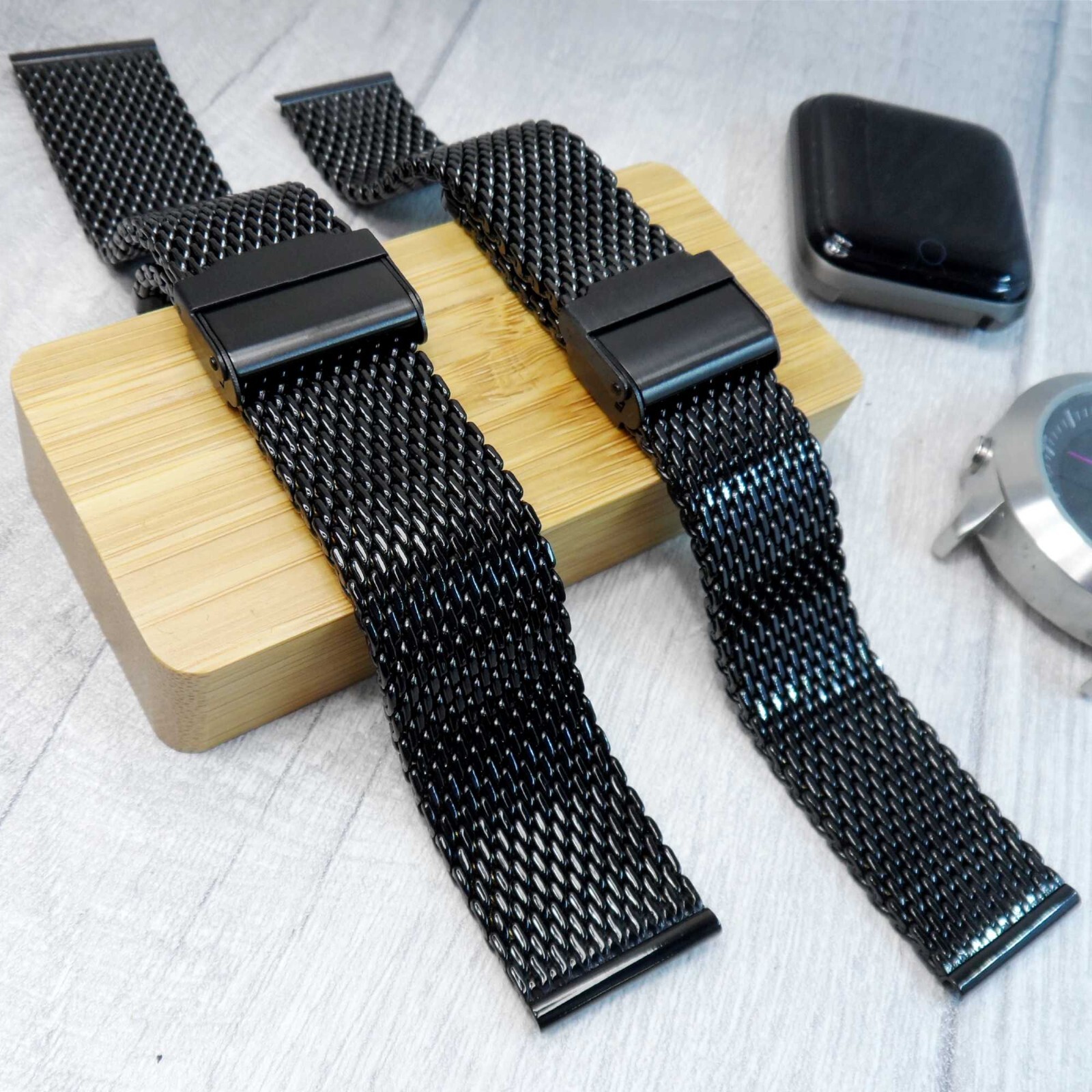 BLACK STEEL WATCH BRACELET Chainmail Snake Mesh 18 20 22mm Quality ...