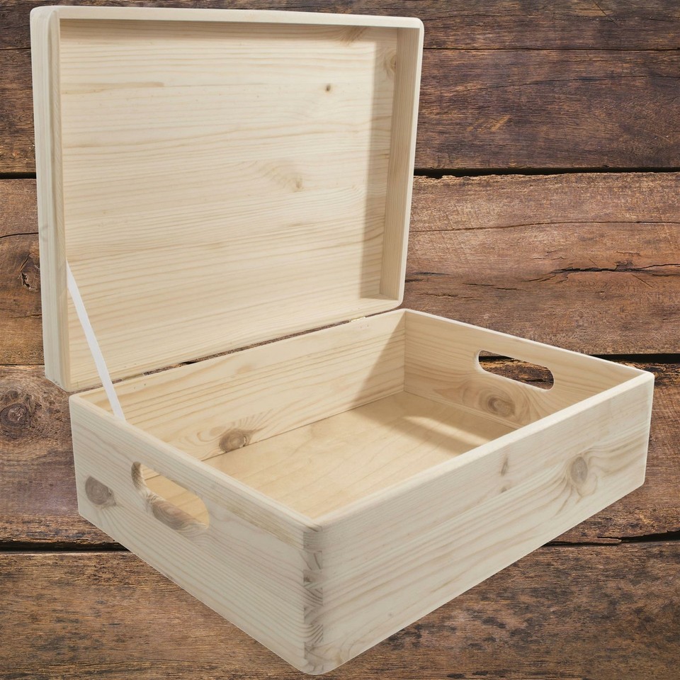 Plain Pine Decorative Wood Storage Box with Hinged Lid & Handles ...