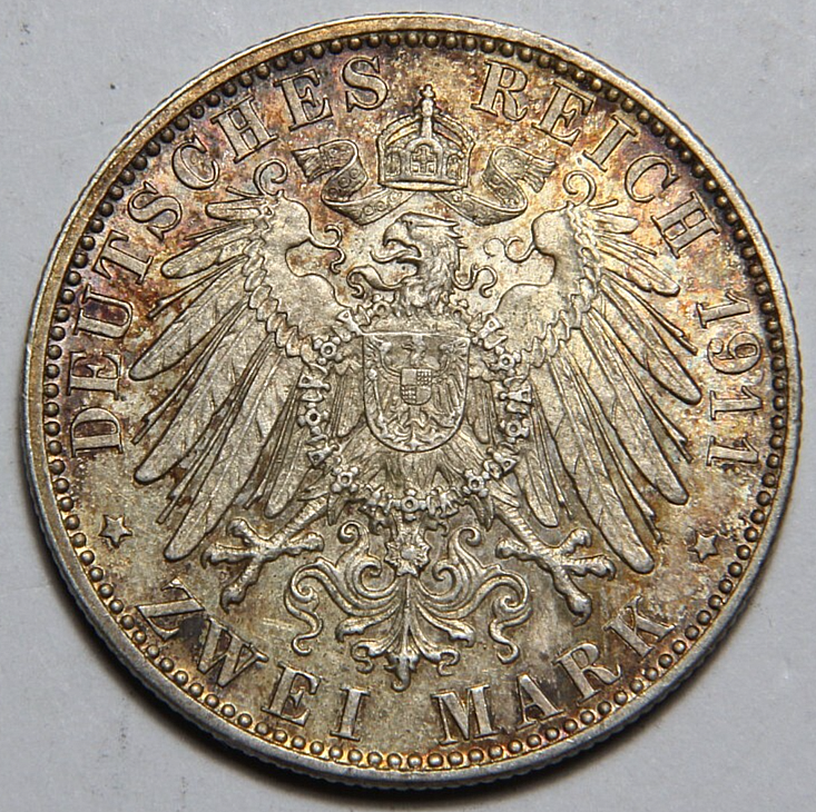 1911 German States Bavaria 2 Marks Nice AU+ Toned -3895- | eBay
