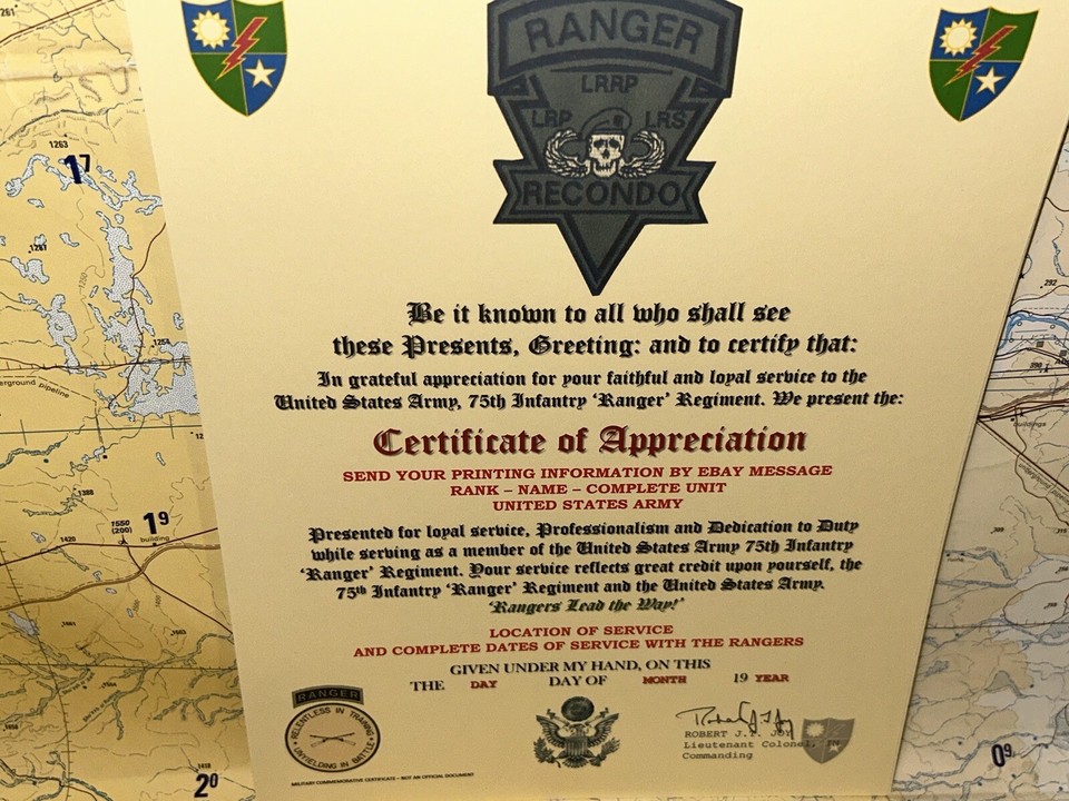 U.S. ARMY 75 RANGERS - LRRP RANGER RECONDO LRP-LRS / CERTIFICATE OF ...