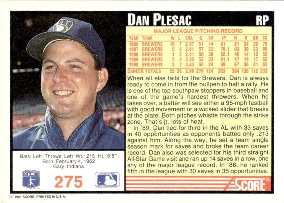 1991 Score Baseball Dan Plesac Milwaukee Brewers #275 Signed | eBay