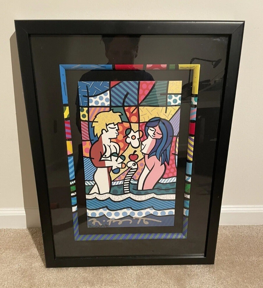 🔥🚨Hand Signed Autographed Romero Britto Adam&Eve Custom Frame Artwork ...