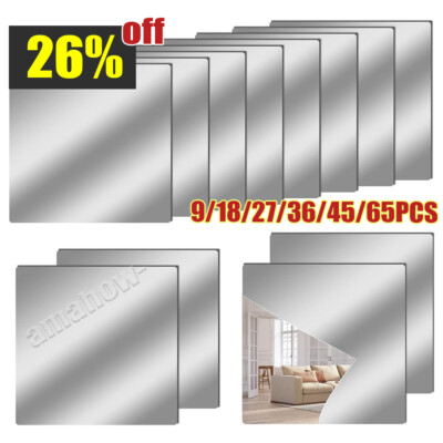 9-54Pcs Mirror Tiles Wall Sticker Square Self Adhesive Stick On DIY Art ...