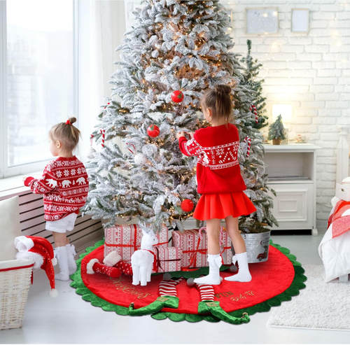 Elf Christmas Tree Skirt 36 Inch Velvet With Candy Striped Legs - Red ...