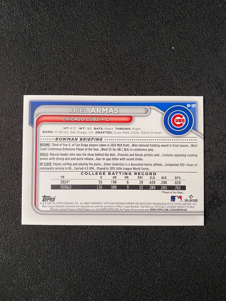 2024 Bowman Draft #BD-109 1ST Ariel Armas Gold /50 Chicago Cubs (GC) | eBay
