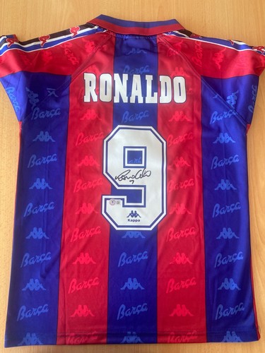 Autographed/Signed Ronaldo Nazario FC Barcelona Red/Blue Jersey Beckett ...