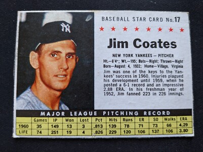 1961 Post Cereal Baseball Card # 17 Jim Coates - New York Yankees (VG ...