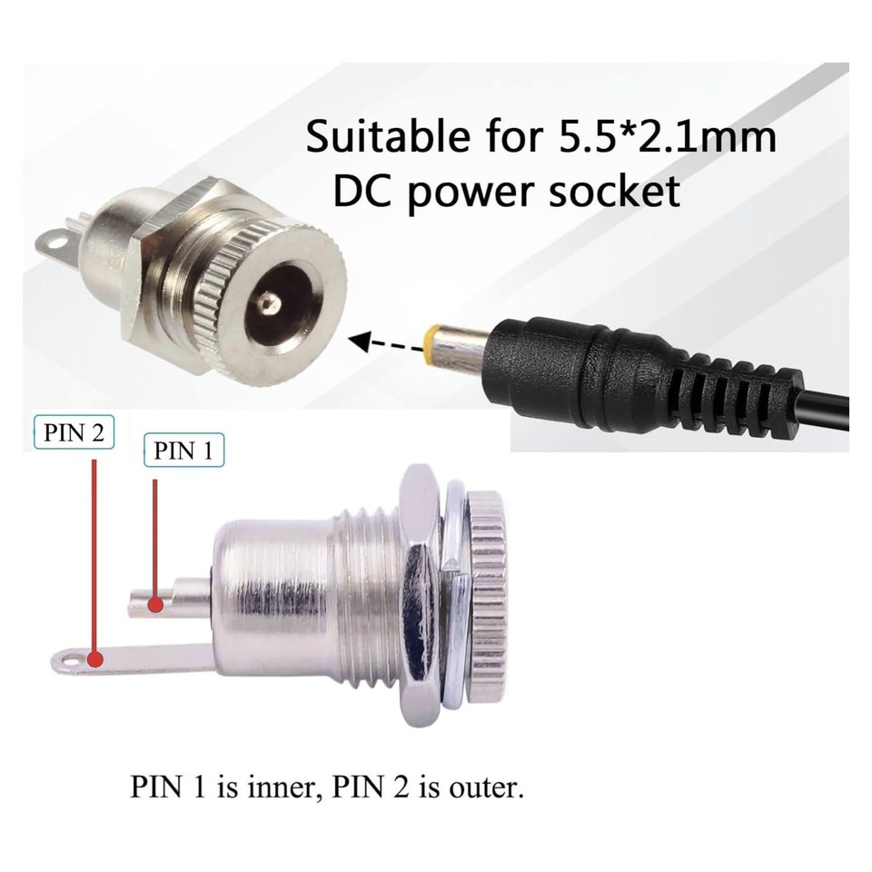 DC Power Jack Socket 5.5 x 2.1mm, Threaded Female Panel Mount Connector ...