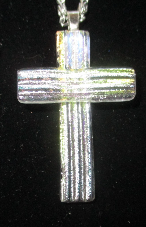 Handcrafted Fused Dichroic Glass Cross Necklace on 18" Silvertone Chain ...
