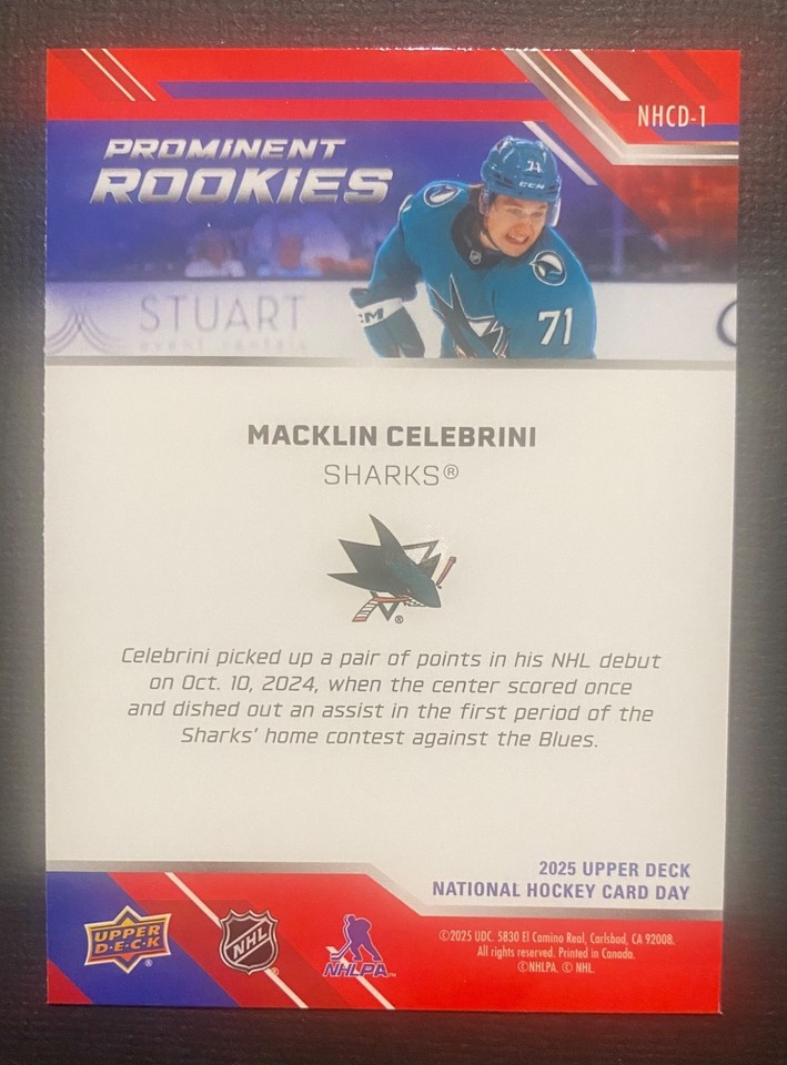2025 UPPER DECK NATIONAL HOCKEY DAY MACKLIN CELEBRINI PROMINENT ROOKIES ...