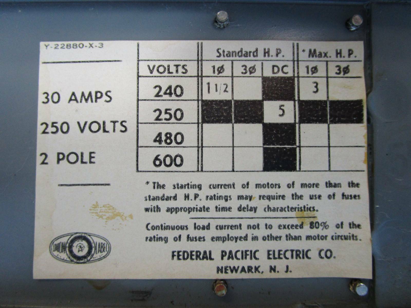 Federal Pacific QMQB3322C Dual Panelboard Switch 30 Amp 240V 2 Pole 2P ...
