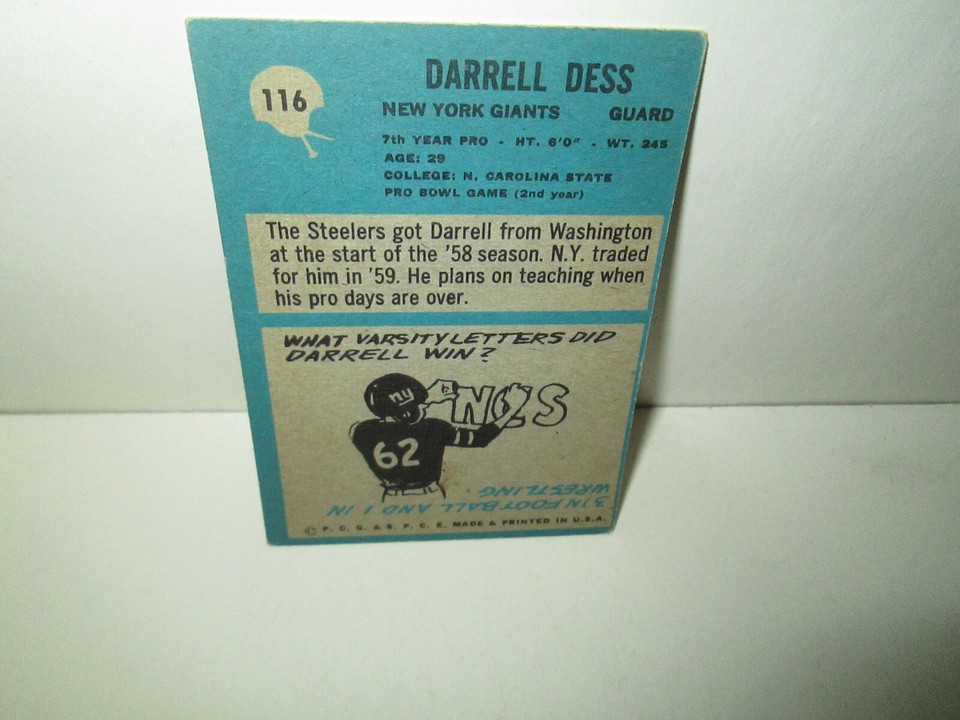 DARRELL DESS 1964 Vintage Philadelphia Gum Card #116 NEW YORK GIANTS ...