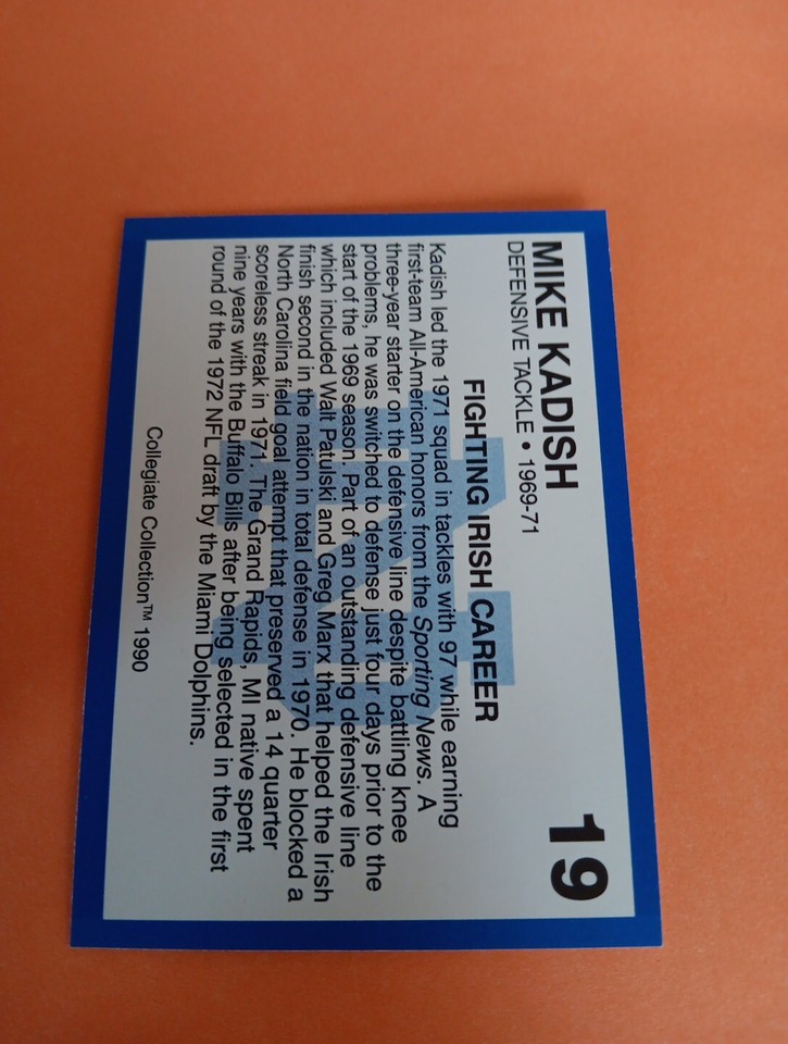 1990 Collegiate Collection Notre Dame #19 Mike Kadish Fighting Irish ...