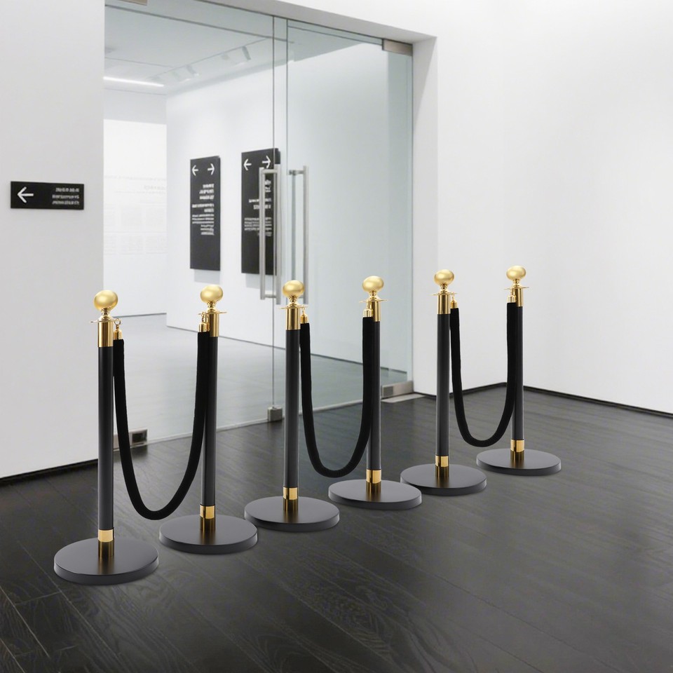 6PCS Black+Gold Stanchion Posts Queue Pole w/ 4 1.5M Ropes Crowd ...