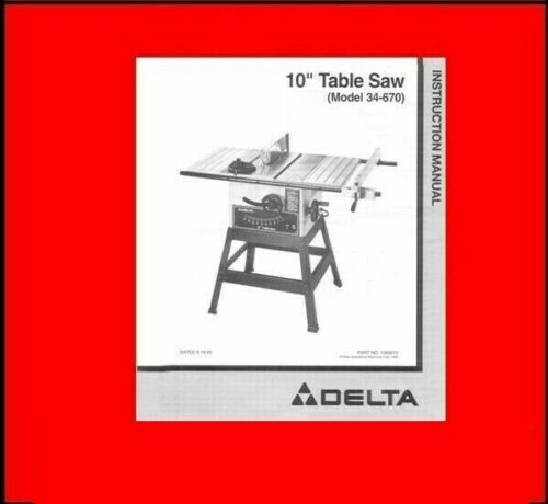 Table Saw Instruction Manual Fits 1995 Delta Model 34-670 | eBay