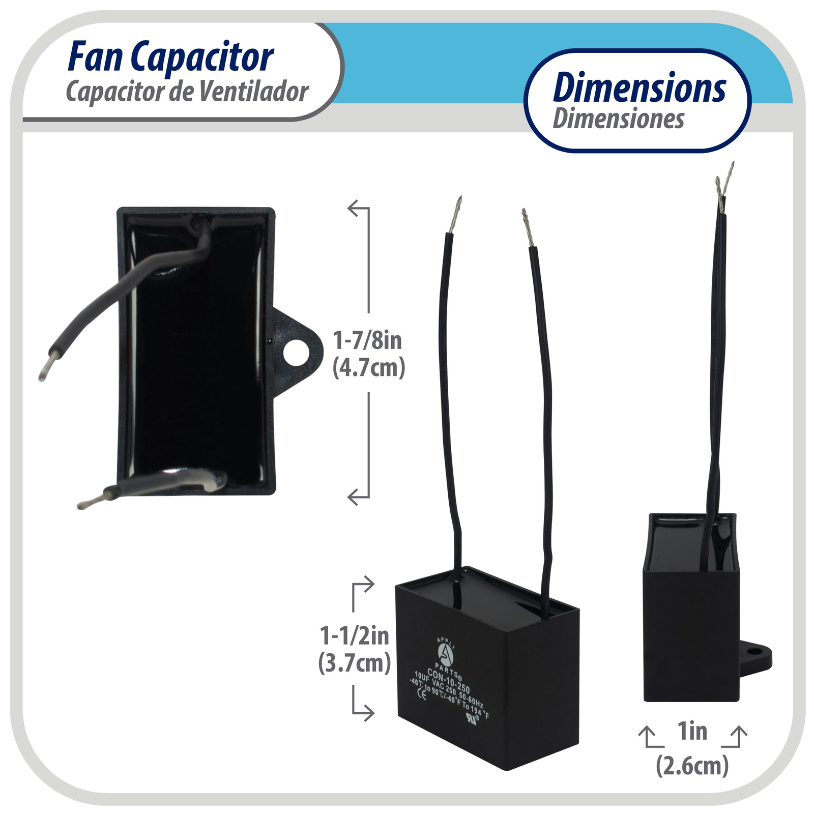 Appli Parts Fan Capacitor 10 mfd (microfarads) uf 250 VAC with 2 Wire ...