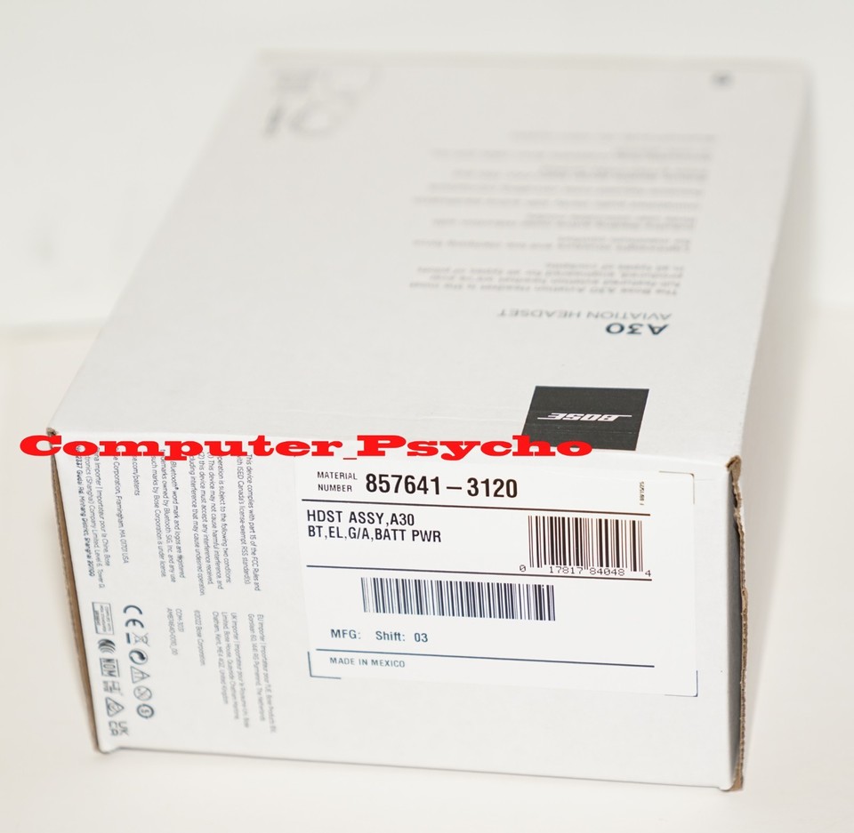 BOSE A30 857641-3120 AVIATION HEADSET BLUETOOTH BATTERY DUAL PLUG ...