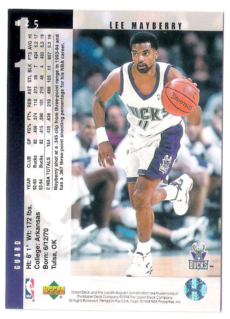 Lee Mayberry 1994 Upper Deck Milwaukee Bucks insert Basketball Card no ...