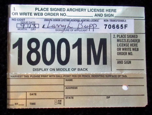 2006 Pennsylvania SENIOR Lifetime Resident Hunting License - Back Tag ...