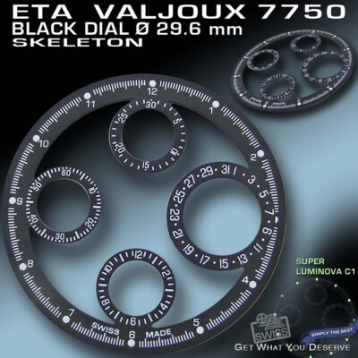 DIAL SKELETON FOR MOVEMENT ETA VALJOUX 7750, TACHHYMETER RING, BLACK, Ø ...