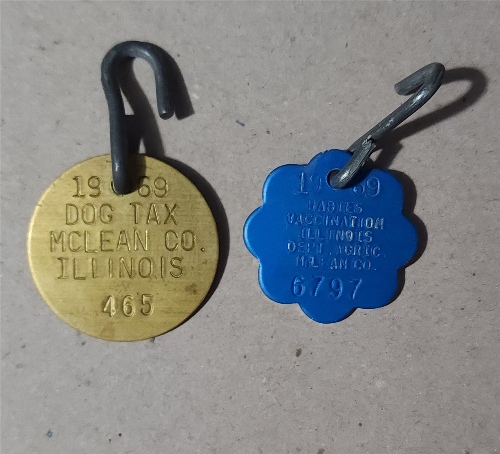 (2) VINTAGE 1969 MCLEAN COUNTY ILLINOIS DOG TAX AND RABIES VACCINATION ...